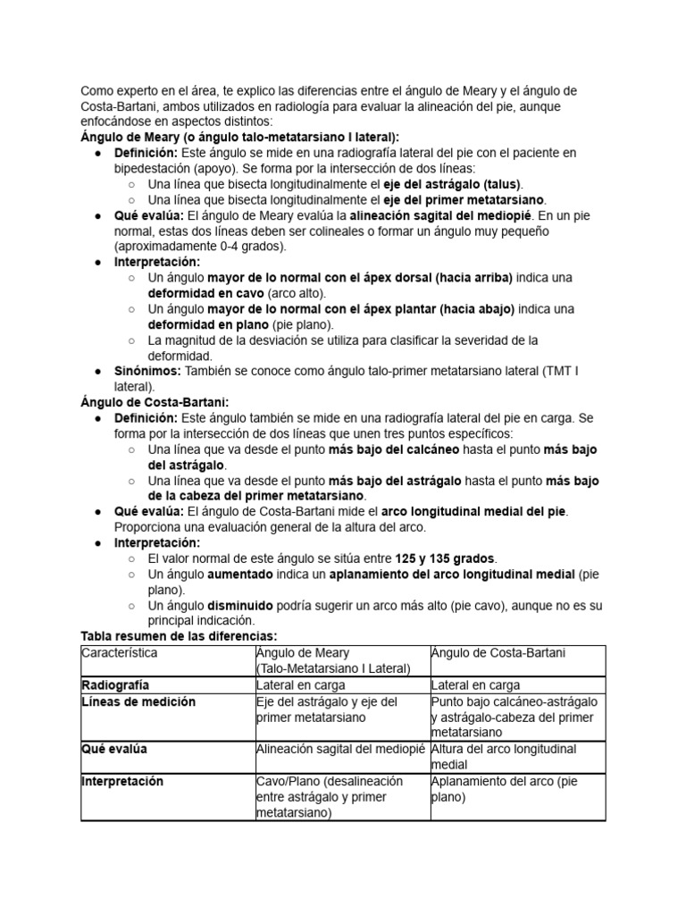 Comparativa: Ángulos de Meary y Costa-Bartani | PDF | Pie | Sistema ...
