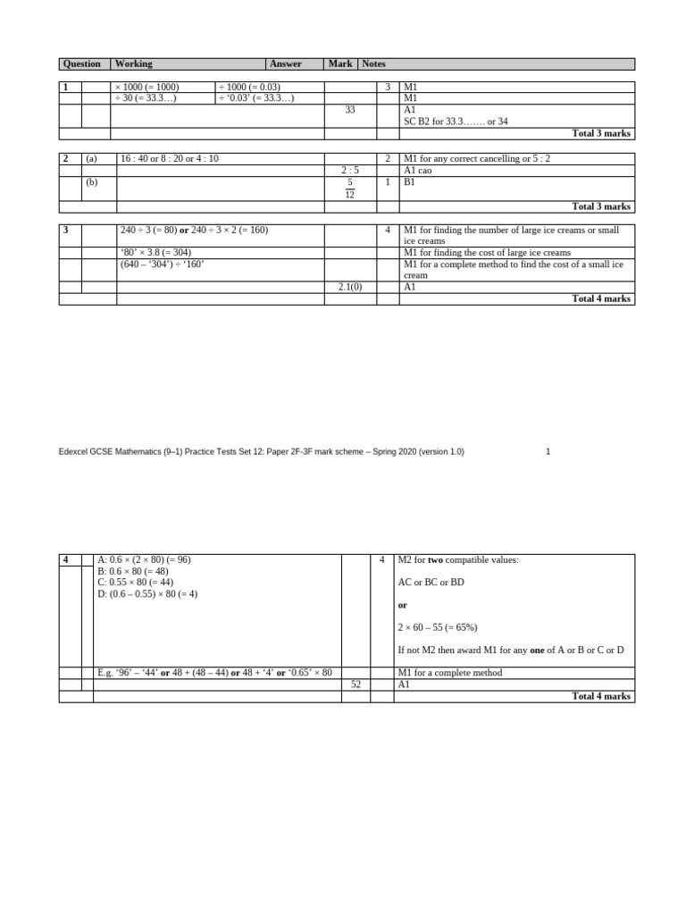 Practice Tests Set 12 - Paper 2F/3F - MS - GCSE Maths 1MA1 | PDF ...