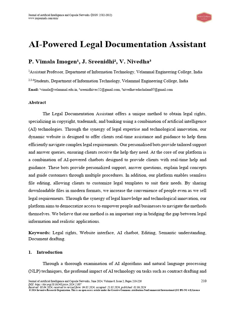 AI-Powered Legal Documentation Assistant: P. Vimala Imogen, J. Sreenidhi, V. Nivedha | PDF ...