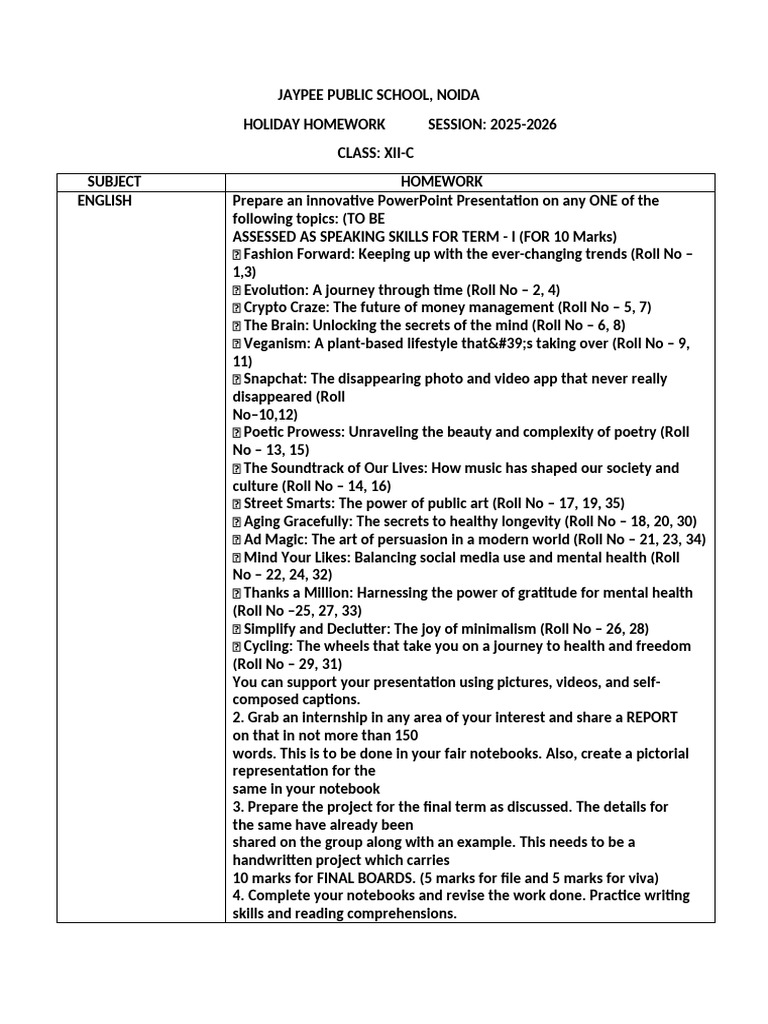 Holiday Homework Class Xii Commerce 2025-2026 | PDF | Function ...