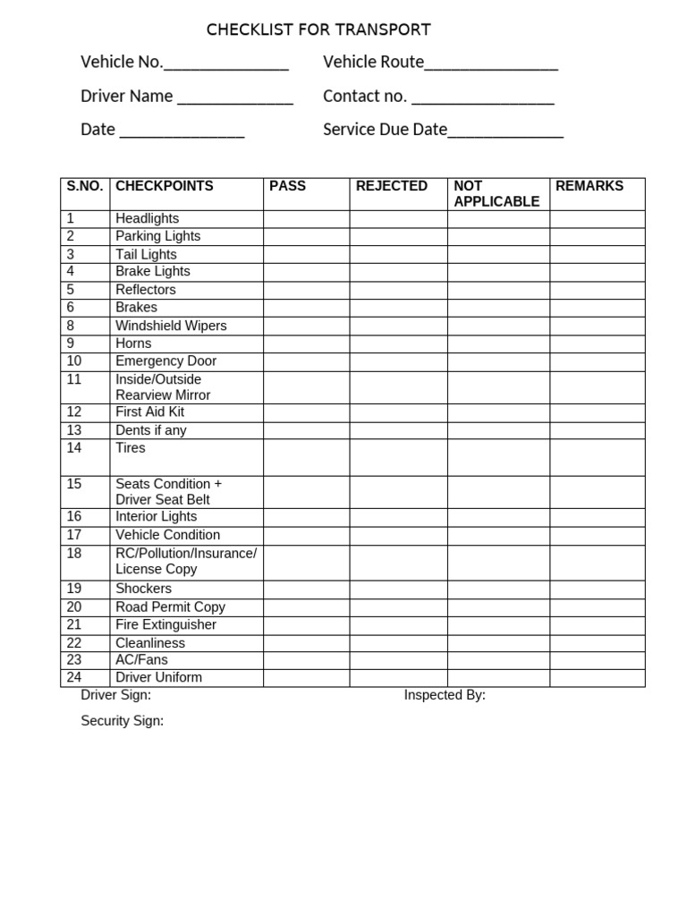 Checklist For Transport | PDF