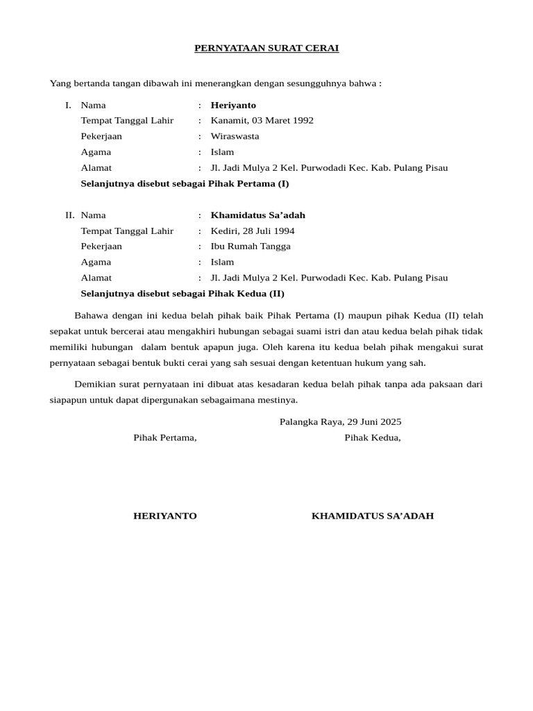 Pernyataan Surat Cerai | PDF