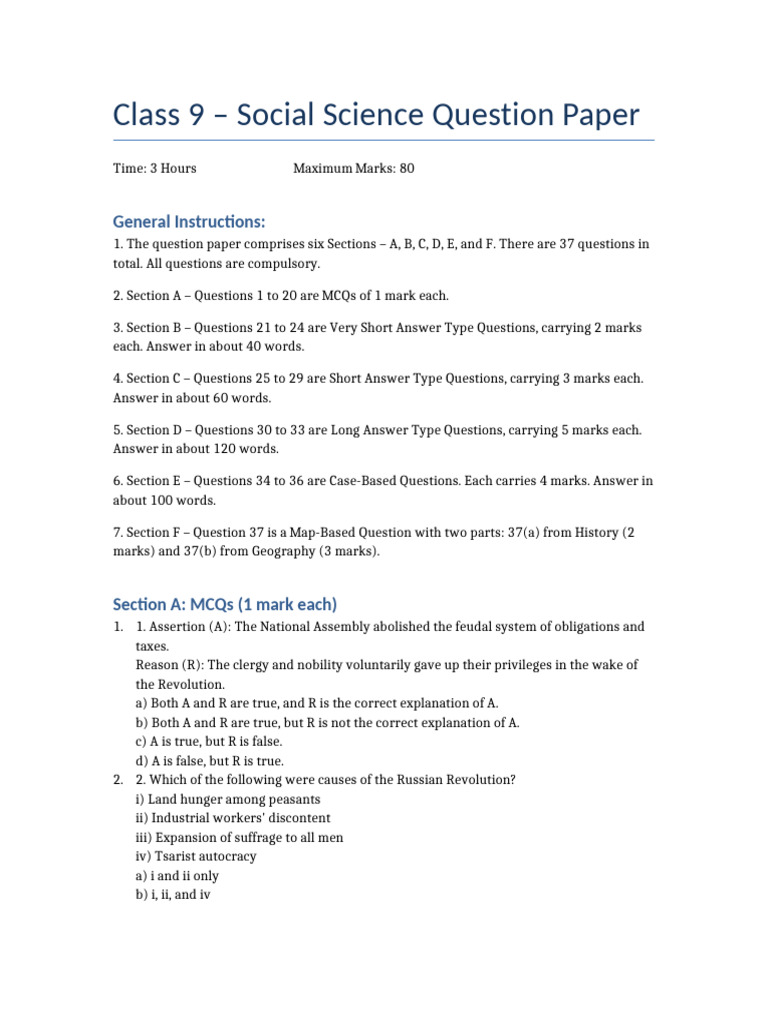 Class 9 SST Question Paper | PDF | Plateau | Political Science