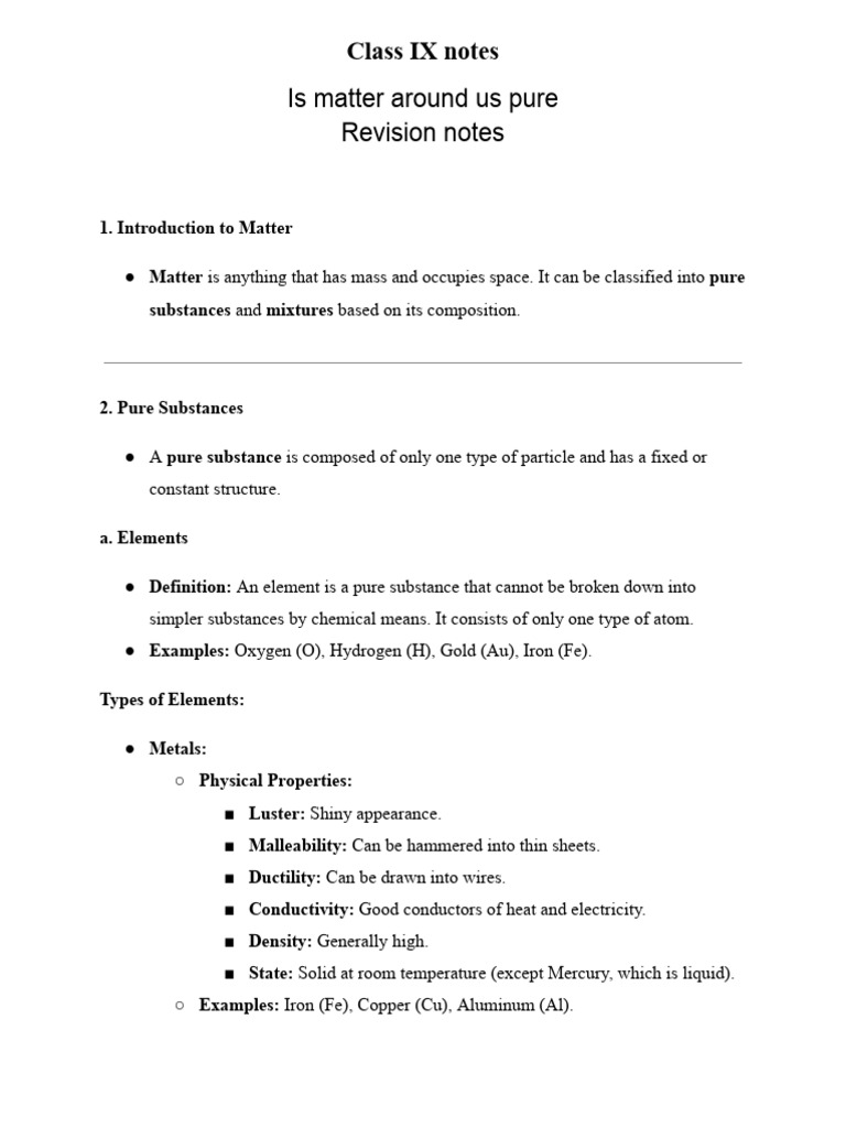 Class IX Matter: Pure Substances & Mixtures | PDF | Mixture | Chemical ...