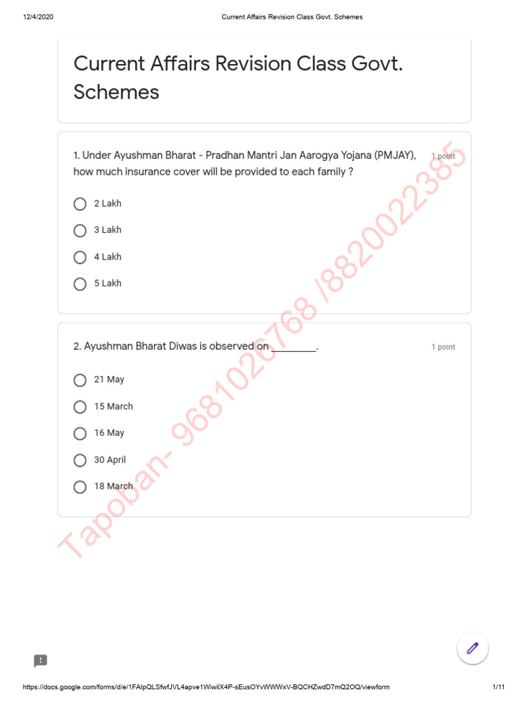 Current Affairs Revision Class Govt. Schemes-Set7 | PDF | Government Of ...
