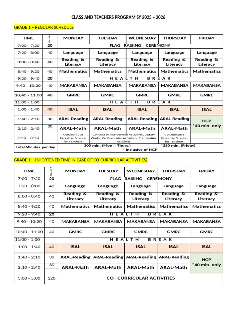 Class and Teachers Program Sy 2025 | PDF