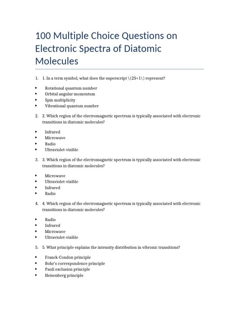 Diatomic Molecules: Electronic Spectra Quiz | PDF | Atomic Orbital ...