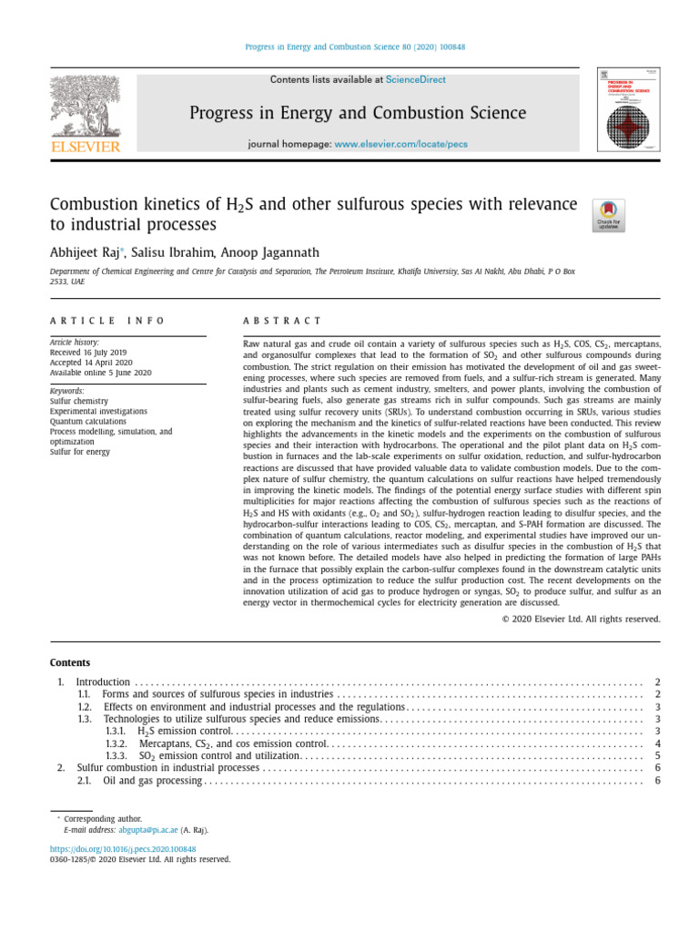 Combustion Kinetics of H2S and Other Sulfurous Species With Relevance ...