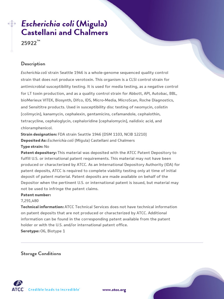 Product Sheet - Escherichia Coli (Migula) Castellani and Chalmers | PDF ...