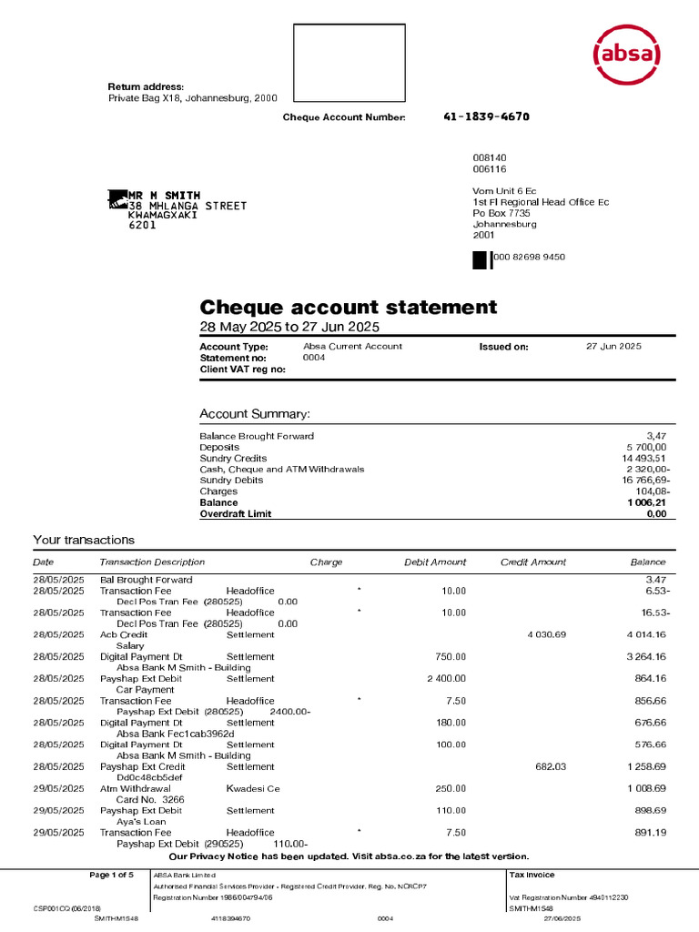 Absa Account Statement Summary | PDF | Debit Card | Transaction Account