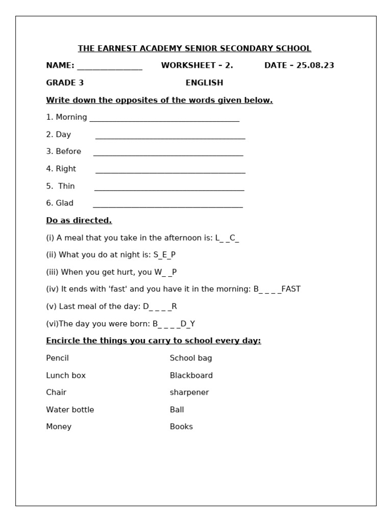 Grade 3 English WS - 2 2023-24 | PDF