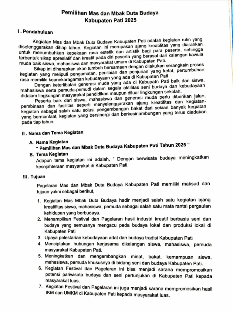 Petunjuk Teknis Pemilihan Mas Mbak Duta Budaya Pati 2025 | PDF