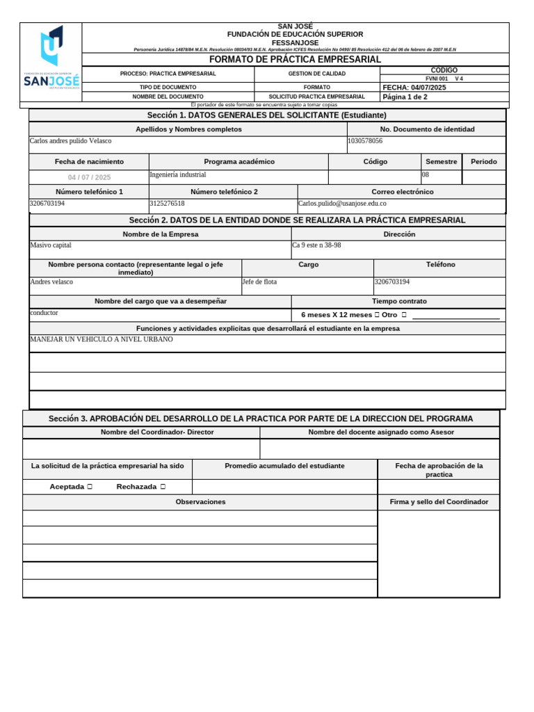 Solicitud Practica Empresarial | PDF