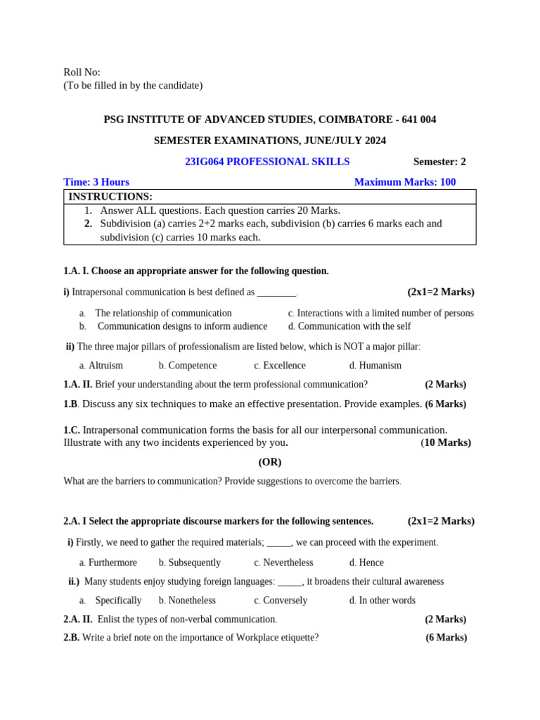 IAS SEM QP - Professional Skills | PDF | Communication | Question
