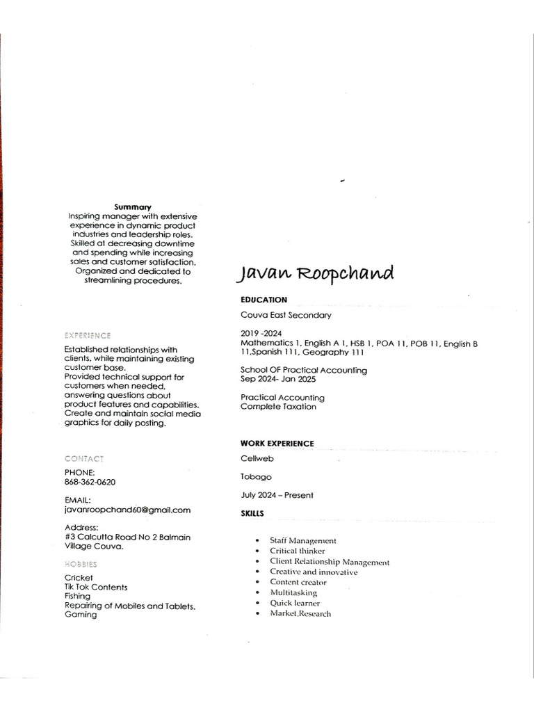 Javan Roopchand Resume | PDF