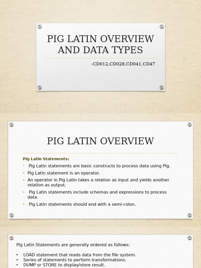 Pig Latin Overview and Data Types | PDF | Subtraction | Multiplication
