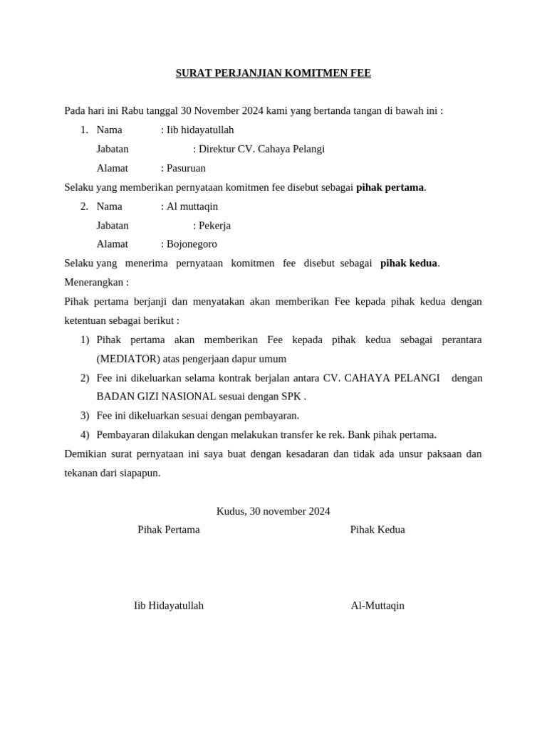 Surat Perjanjian Komitmen Fee | PDF
