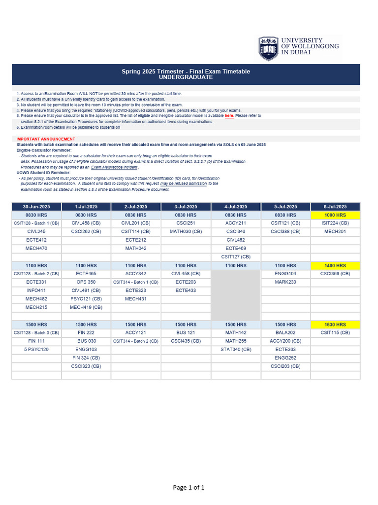 Spring 2025 - UG Final Examination Timetable | PDF