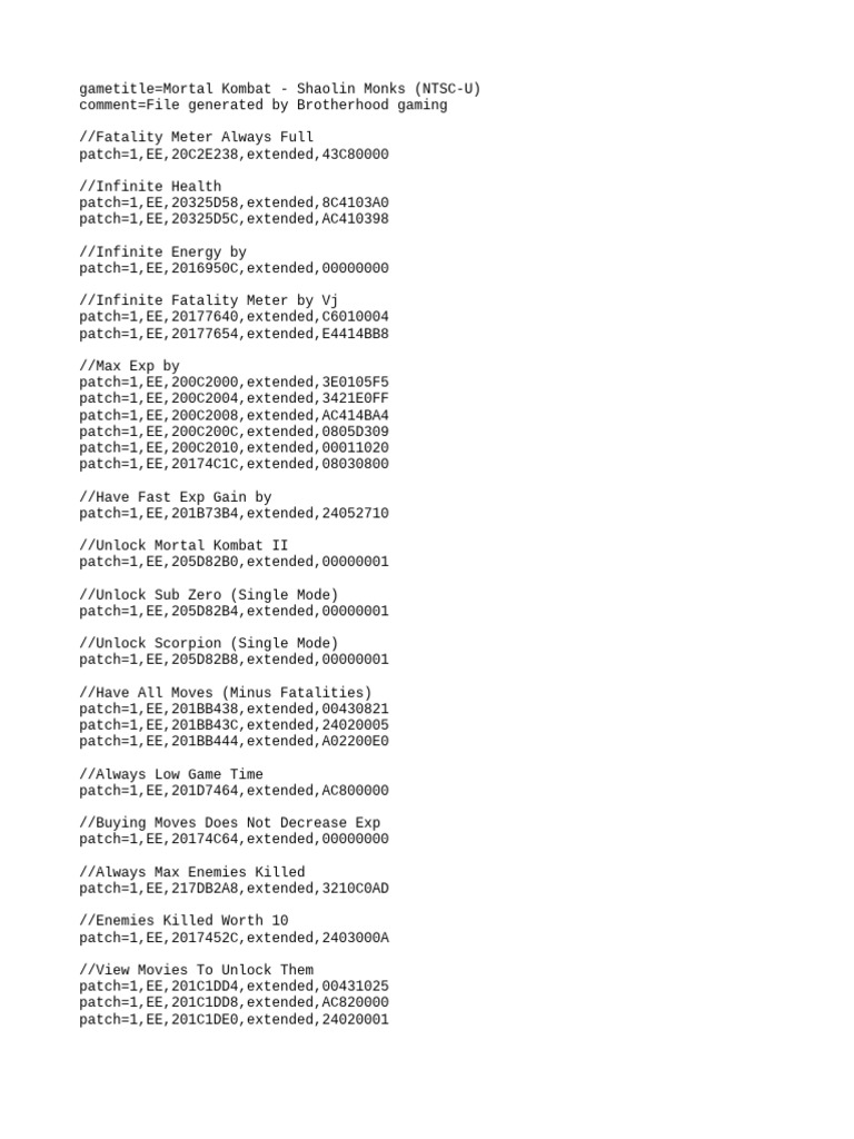 Mortal Kombat - Shaolin Monks (NTSC-U) .Pnach | PDF | Video Game Franchises