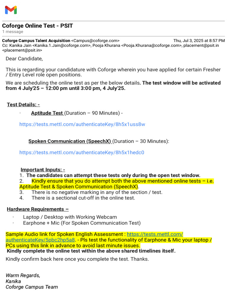 Gmail - Coforge Online Test - PSIT | PDF | Computing | Cyberspace