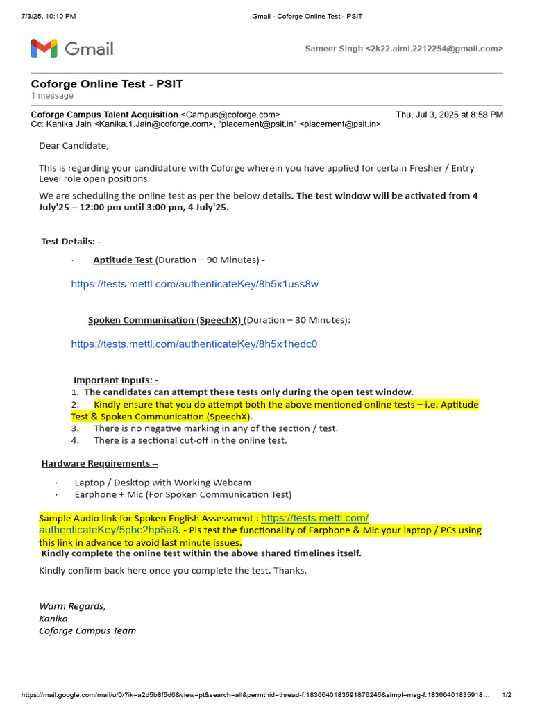 Gmail - Coforge Online Test - PSIT | PDF | Cyberspace | Computing