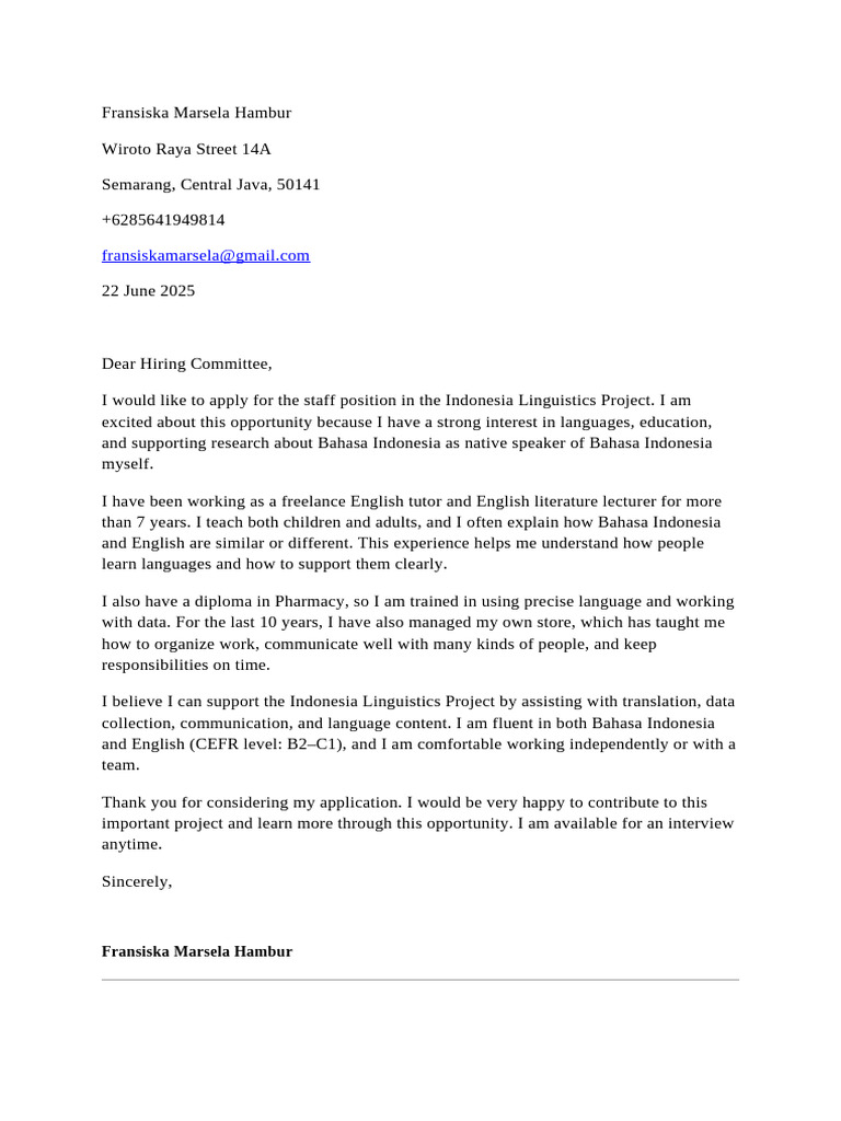 Example of Cover Letter Linguistics Indonesian Project | PDF