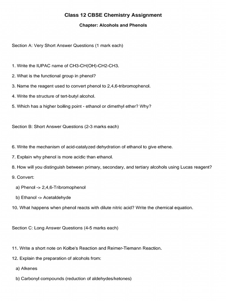 Alcohols and Phenols Assignment Class12 | PDF