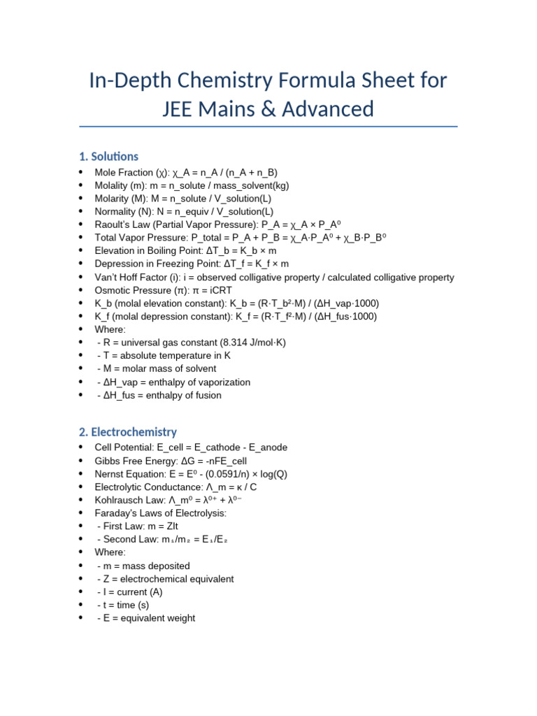 JEE Chemistry Formula Sheet Overview | PDF