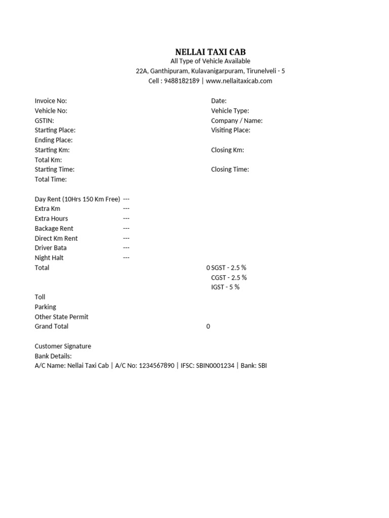 Nellai Taxi Cab Bill Format | PDF