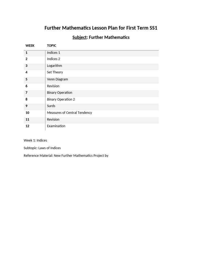 Further Mathematics Lesson Plan For First Term SS1 | PDF