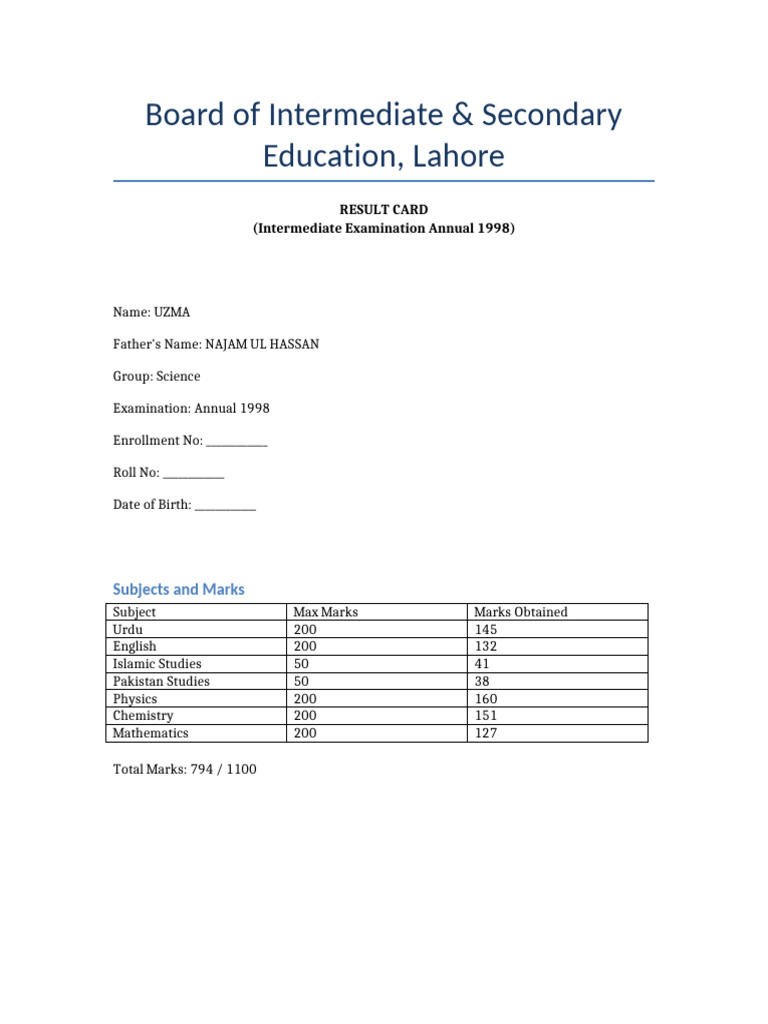 Intermediate Result Card Example | PDF