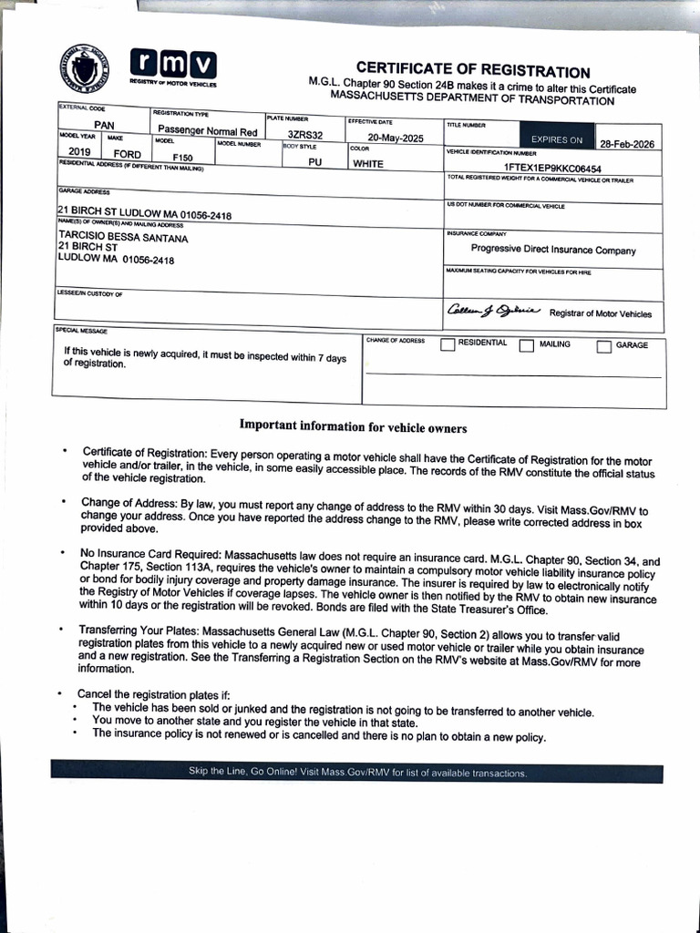 Massachusetts Vehicle Registration Certificate | PDF