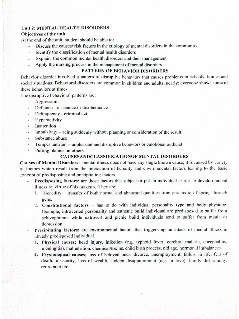 Unit 2 Mental Health Disorders | PDF