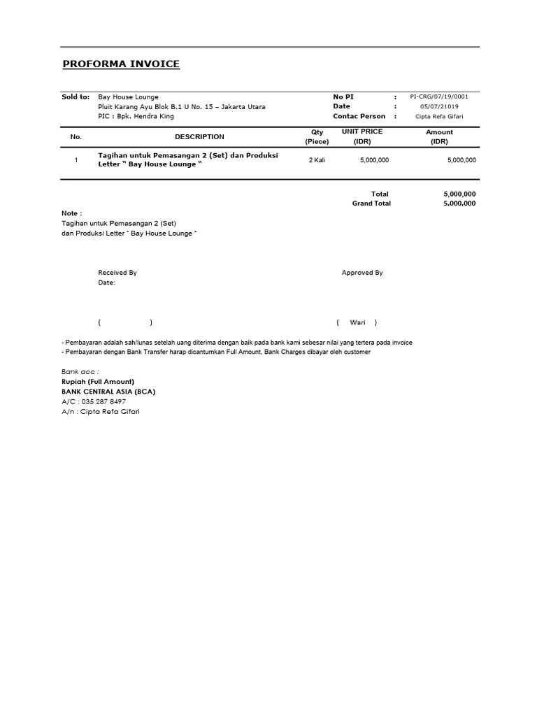 Performa Invoice PI-CRG - 07 - 19 - 0001 | PDF