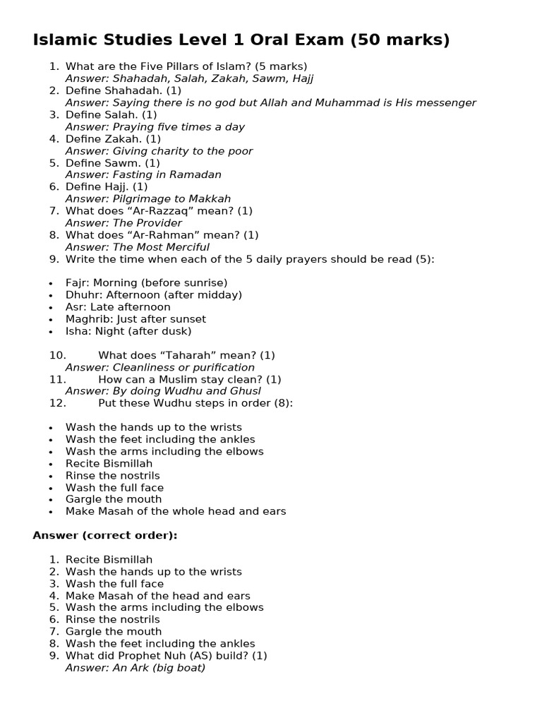 Islamic Studies Level 1 Oral Exam | PDF | Abrahamic Religions | Sharia
