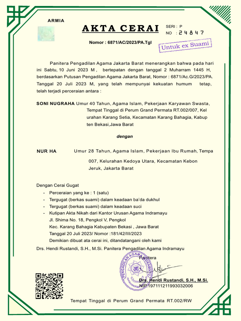 Akta Cerai Jakarta Barat 2023 | PDF