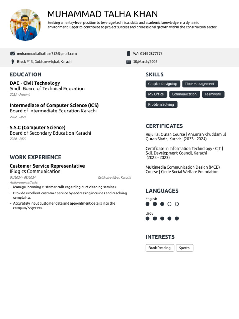 Muhammad Talha Khan CV-1 | PDF | Computing