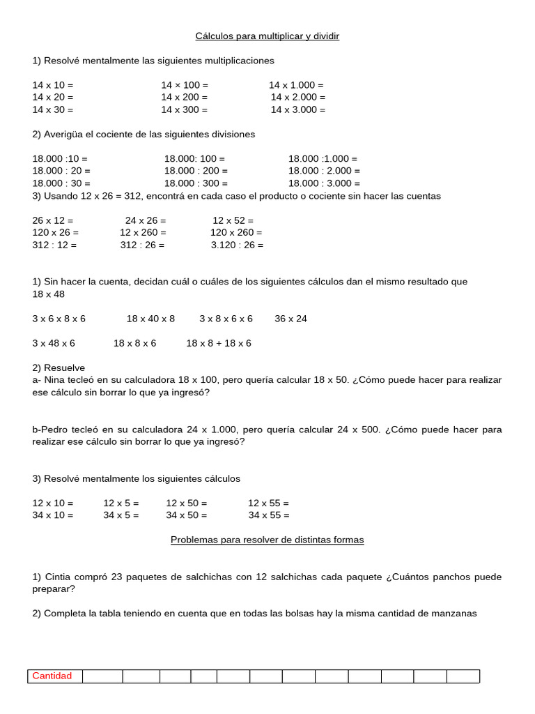 Cálculos para Multiplicar y Dividir | PDF | Verbo | Relaciones sintácticas