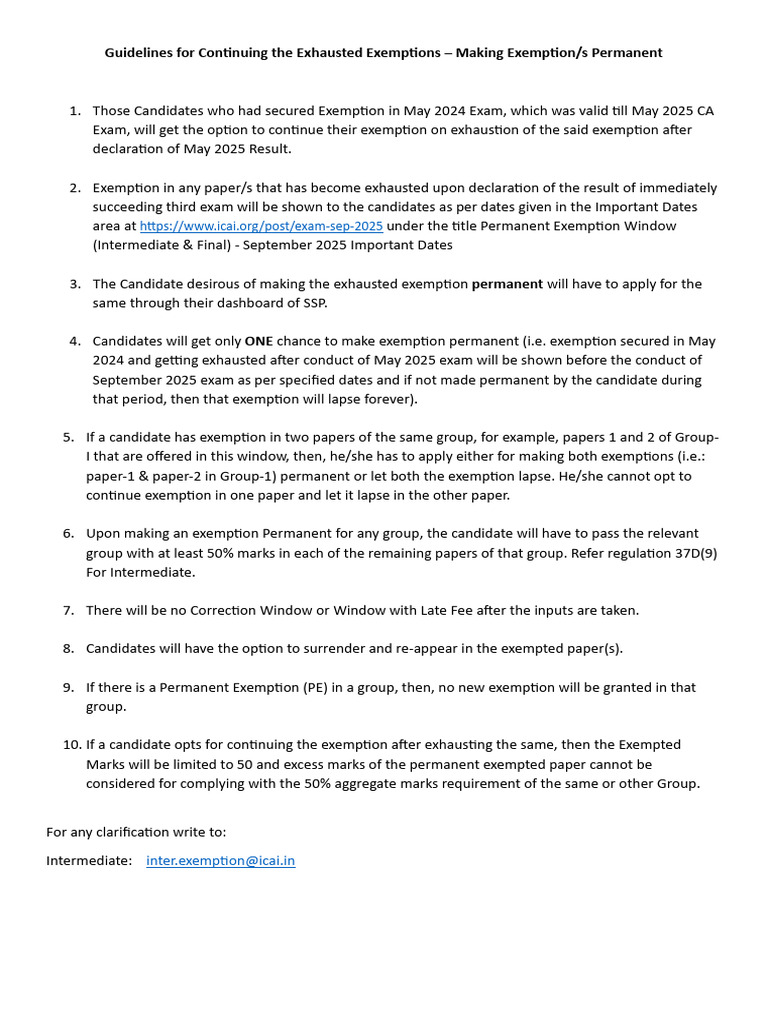 Permanent Exemption Guidelines for CA Exams | PDF
