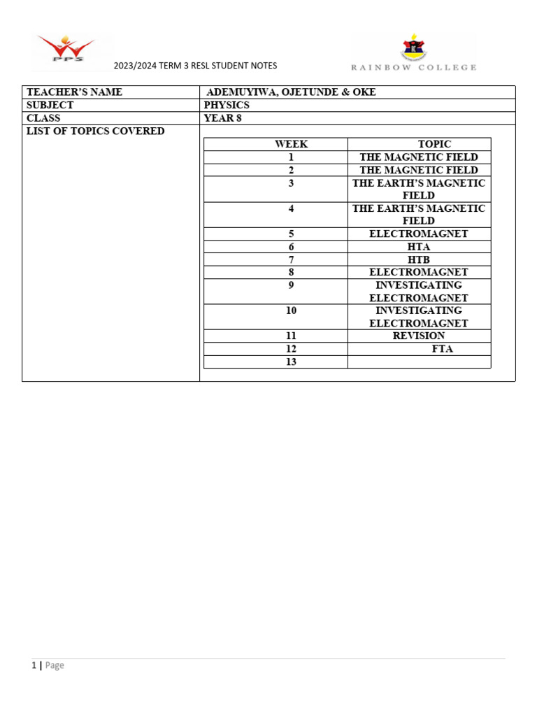 24T3 RESL Student Notes Y8 Physics | PDF | Magnet | Magnetism