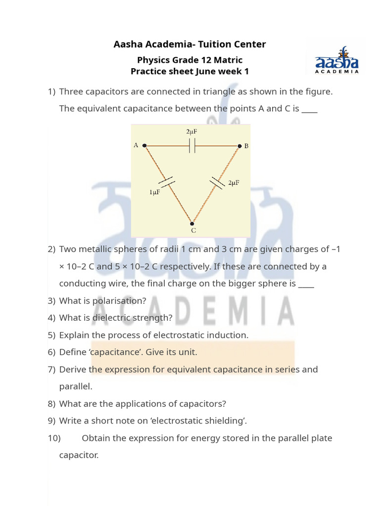 Matric Physics 12 Practice Sheet 6.1 | PDF