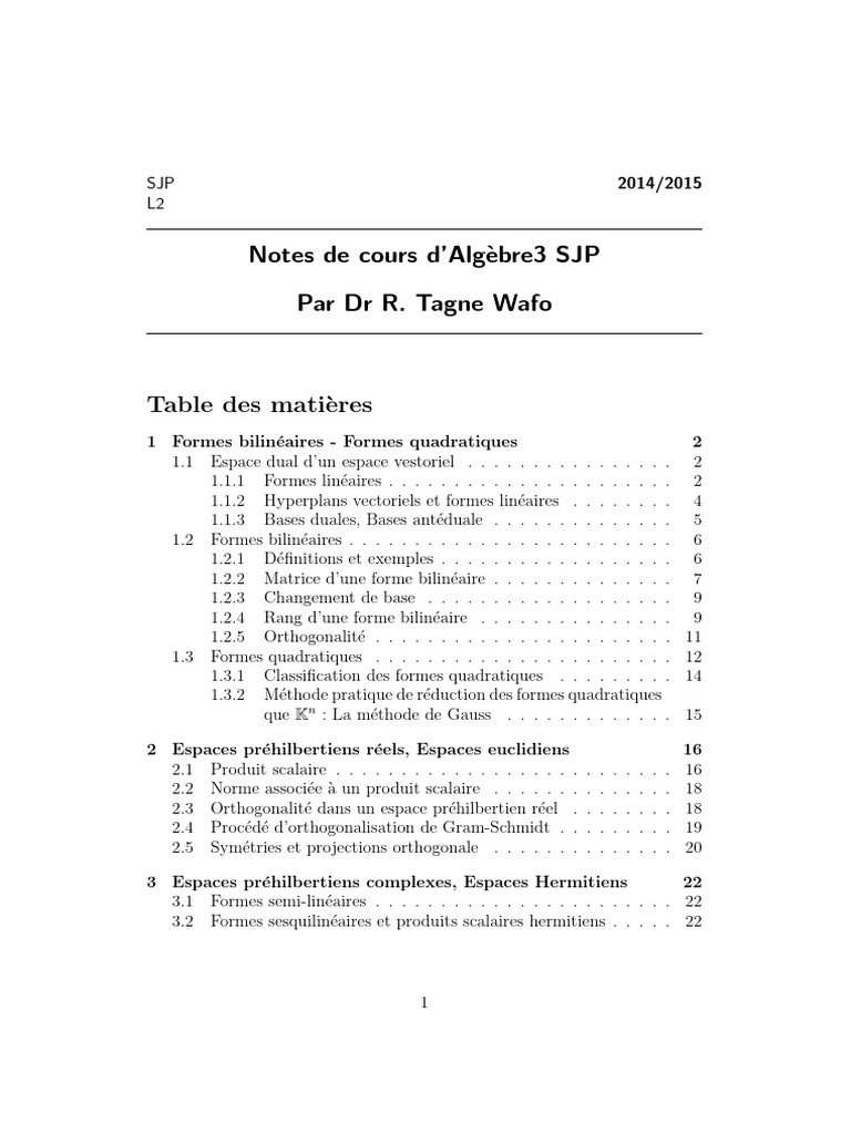 Cours d'Algèbre : Formes Bilinéaires et Quadratiques | PDF | Base ...