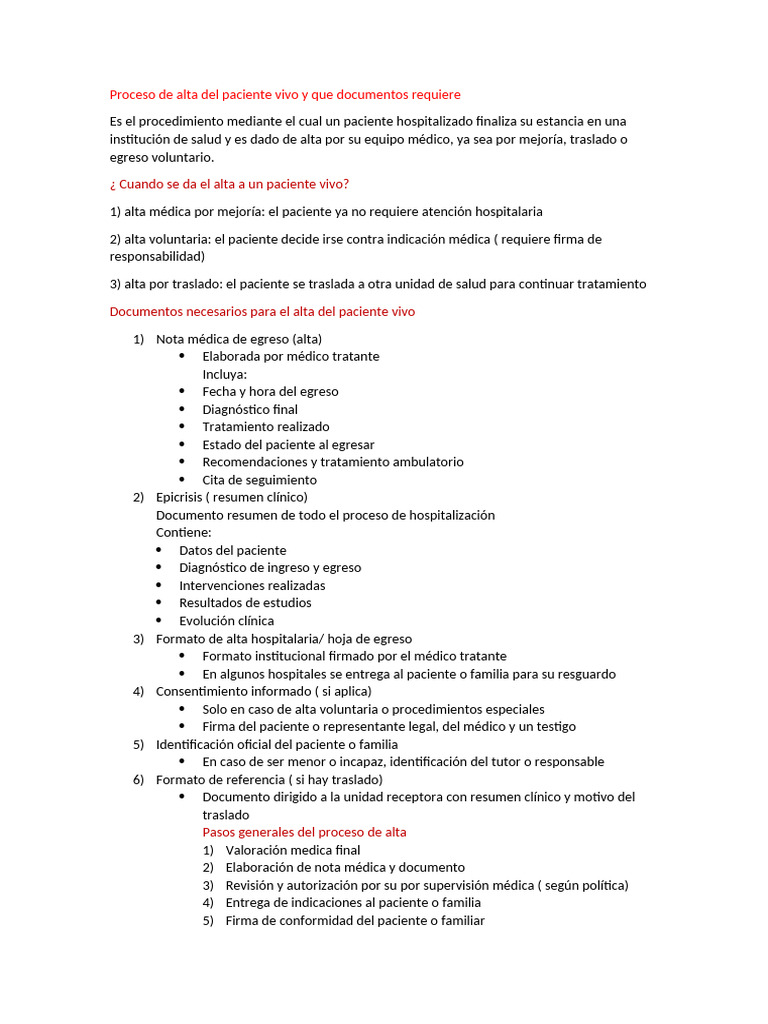 Alta de Paciente Vivo: Proceso y Documentos | PDF