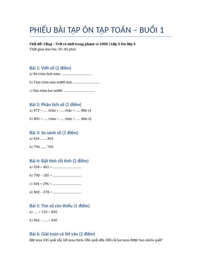 Phieu Bai Tap Toan Buoi1 | PDF
