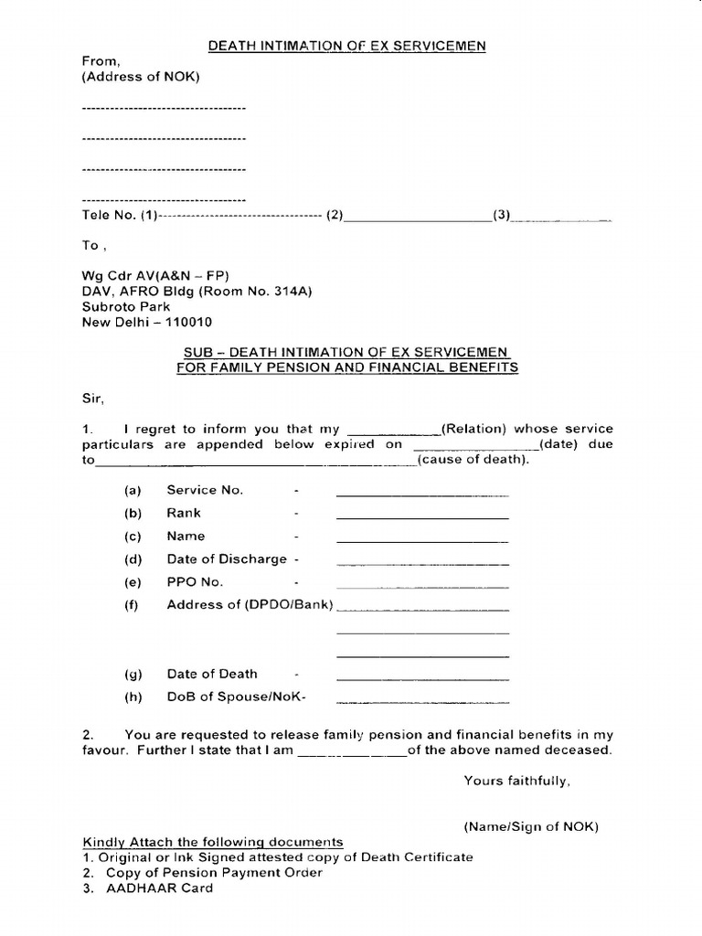 Death Intimation of Ex Servicemen | PDF