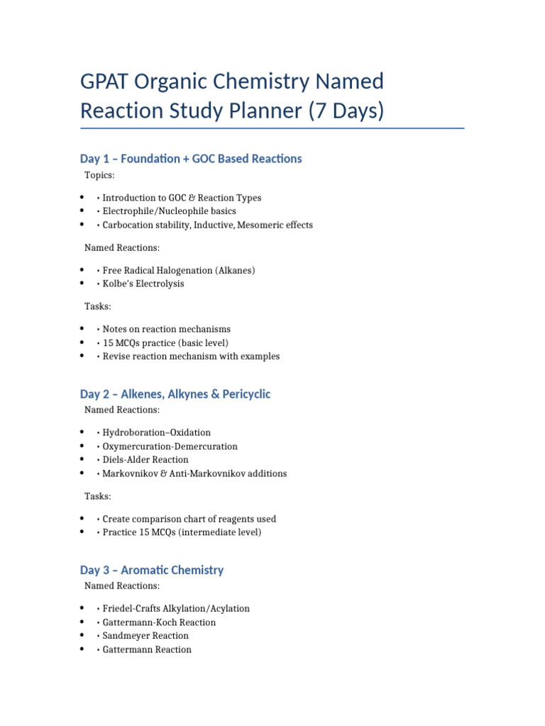 GPAT Organic Chemistry Study Planner | PDF
