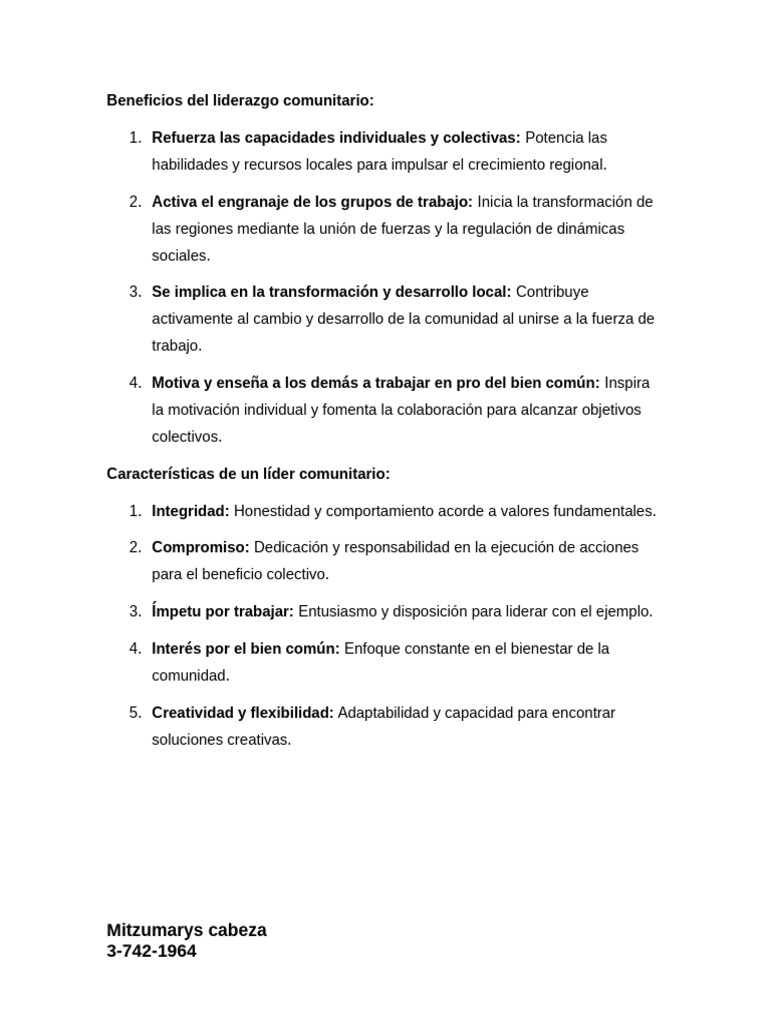 Beneficios Del Liderazgo Comunitario Resumen Mitzumarys | PDF