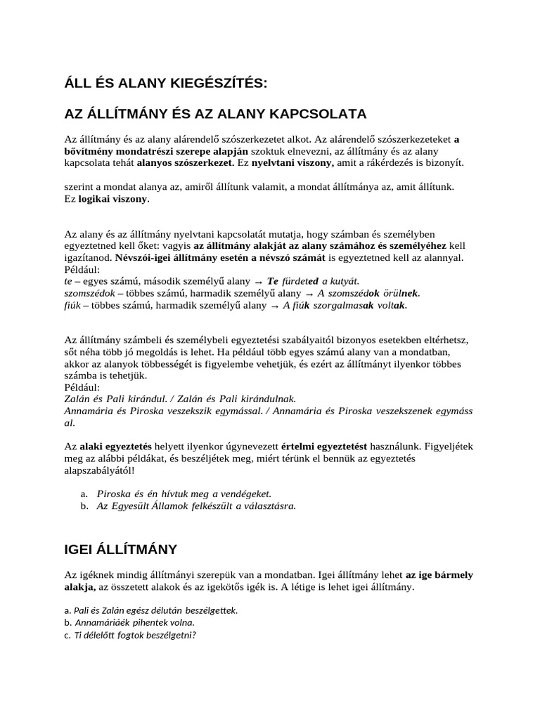Áll És Alany Kiegészítés: Az Állítmány És Az Alany Kapcsolata | PDF