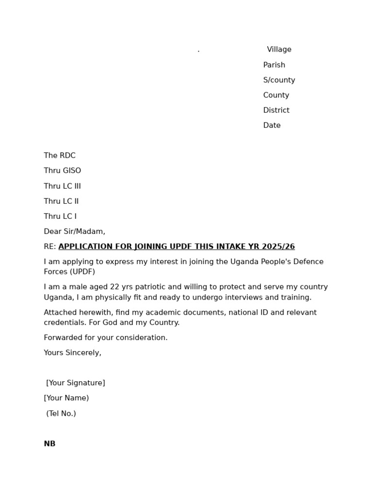 UPDF Application Letter Template 2025/26 | PDF