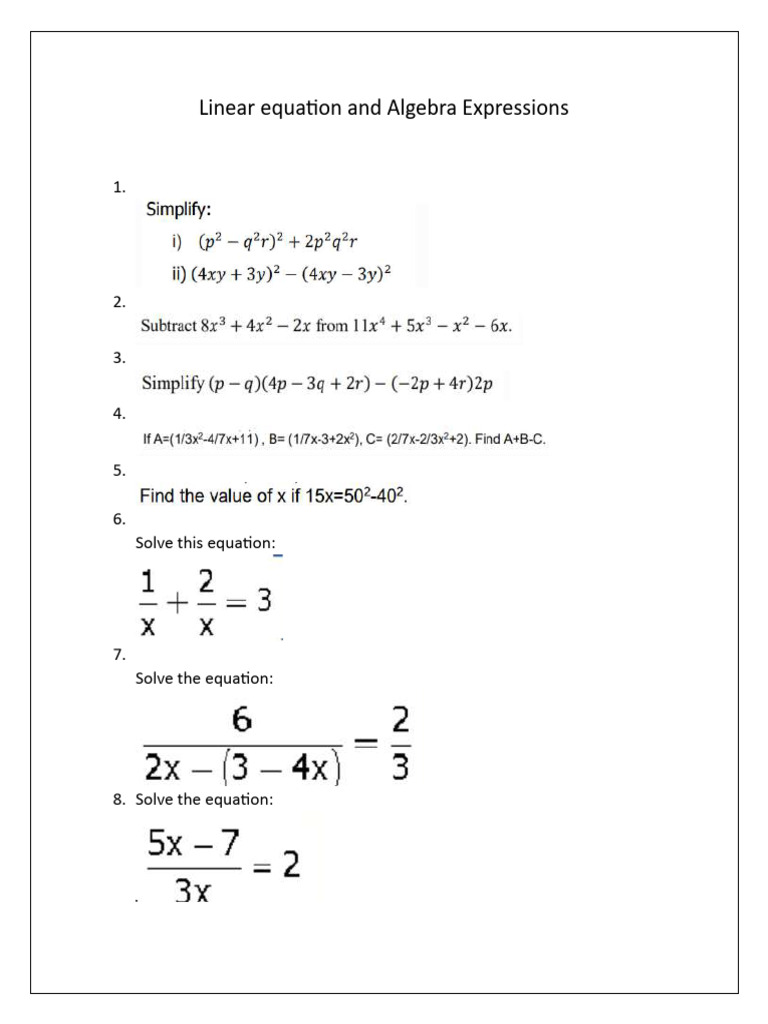 Linear Equation and Algebra Expressions WS | PDF